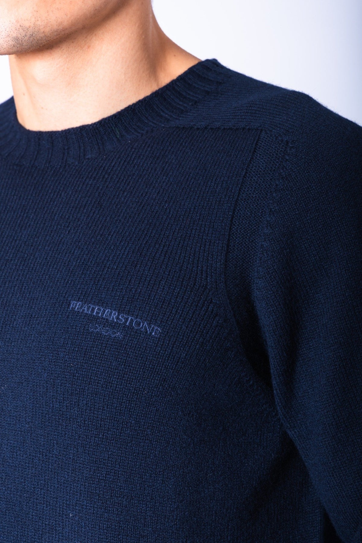 Navy Wool Crew Neck Jumper with Embroidered Logo– Featherstone London